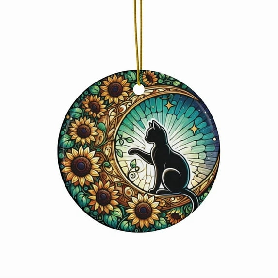 Black Cat on Crescent Moon with Sunflowers Ceramic Ornament, Stained ...