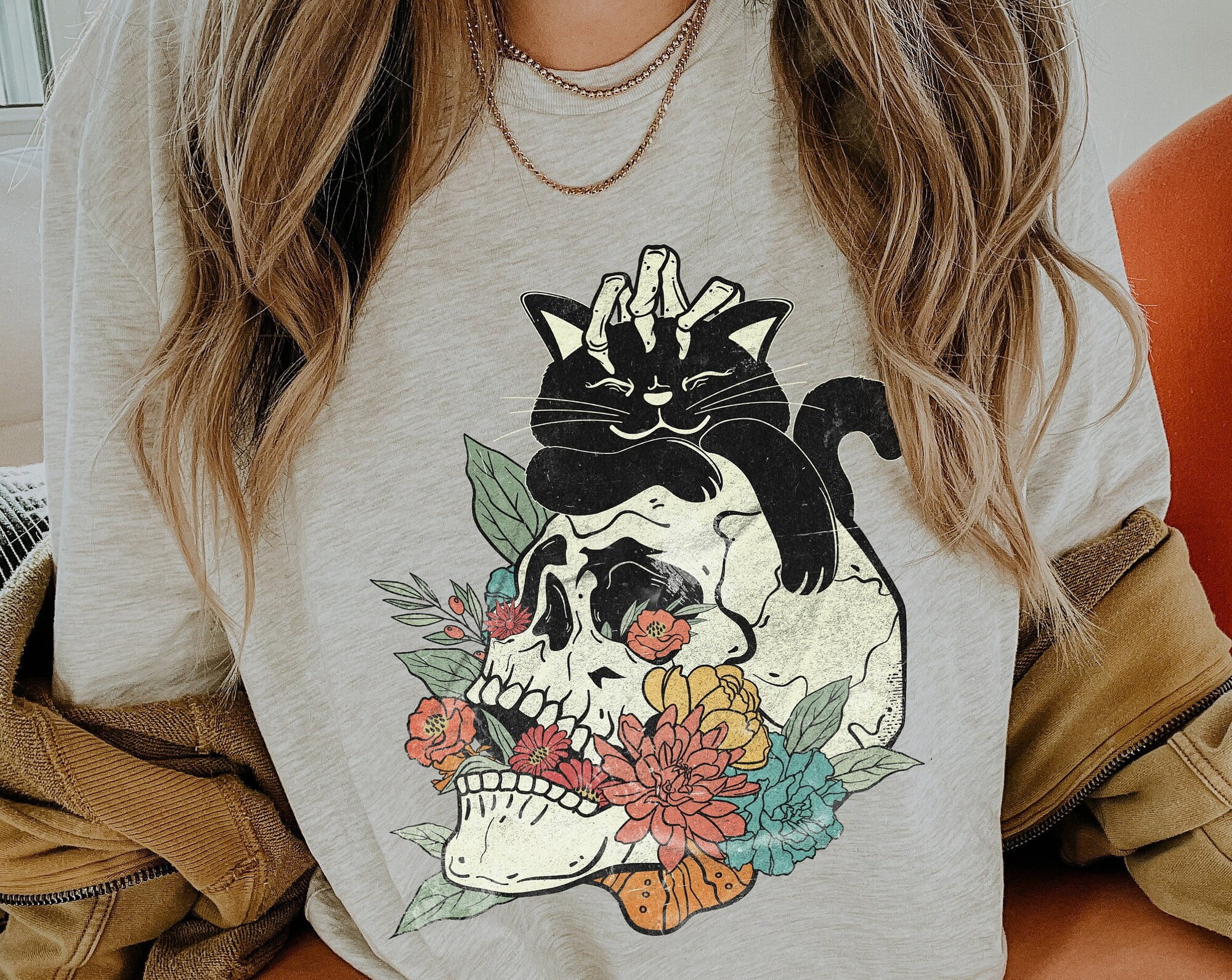 Black Cat on Flower Skull Shirt Halloween Shirt Floral Skull Boho Tee ...