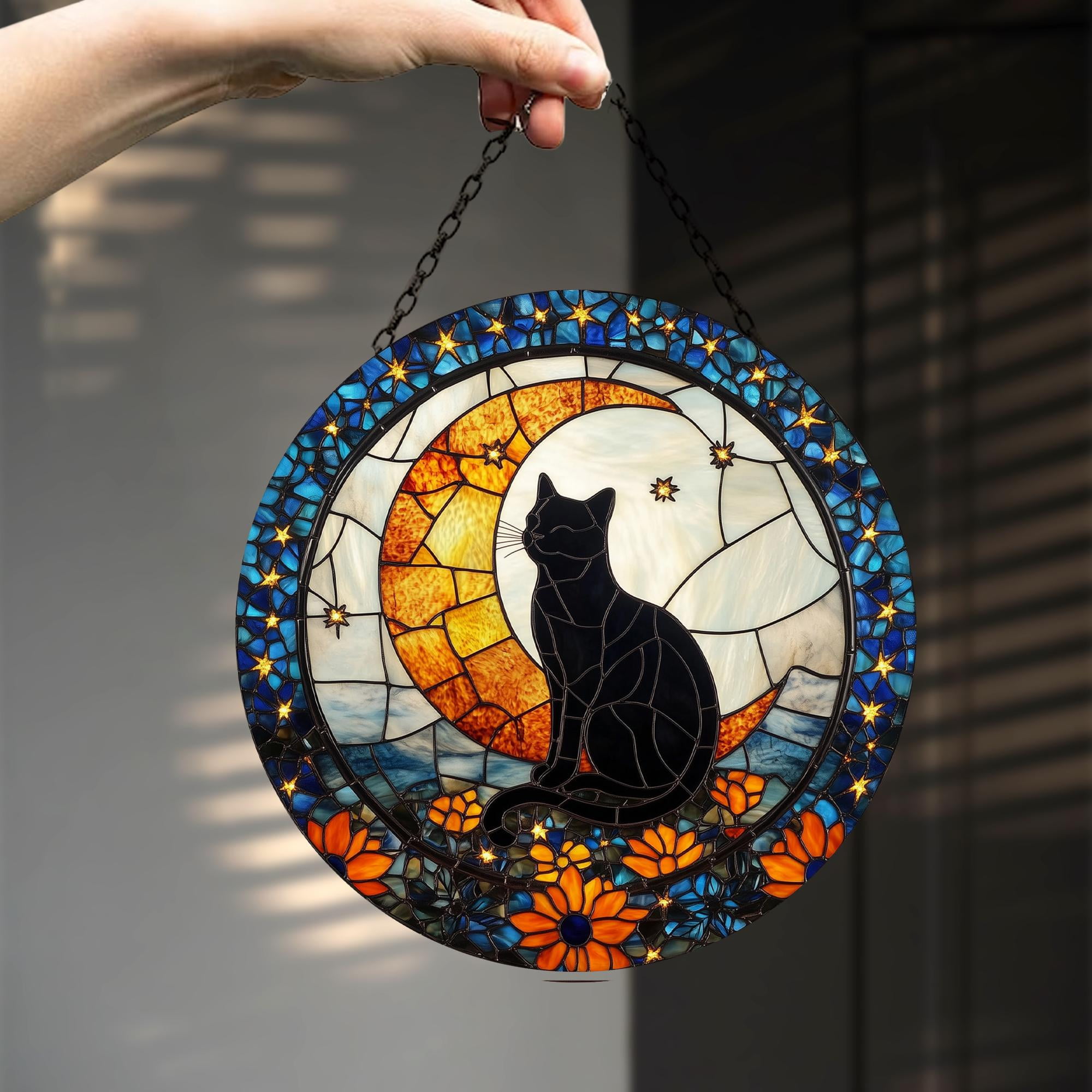 Black Cat on Moon Acrylic Sun Catcher, Acrylic Window Hanging, Home ...