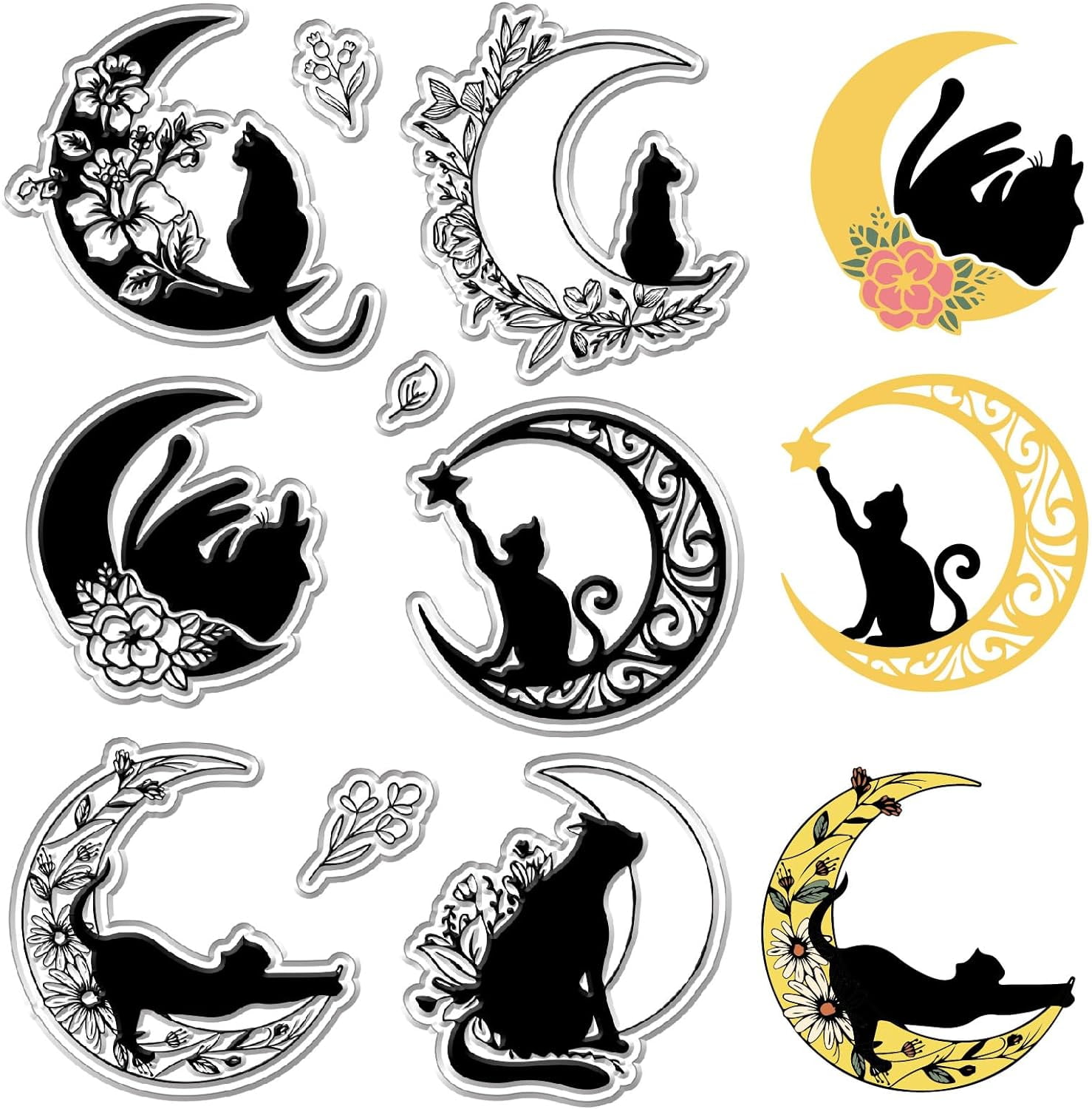 Black Cat on Moon Clear Stamps Flower Plant Reusable Retro Transparent ...