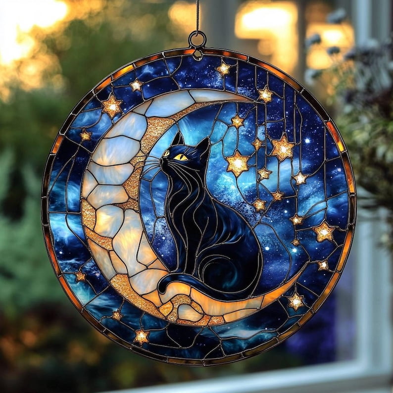 Black Cat on Moon Glass Suncatcher For Cat Moms, Home Decor Window ...