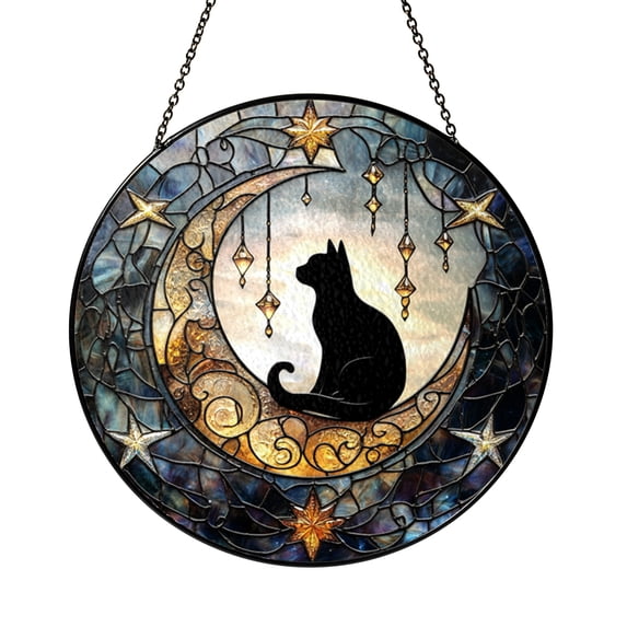 Black Cat on Moon Stained Glass Suncatcher, Night Sky Window Hanging ...