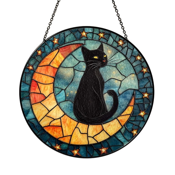 Black Cat on Moon Stained Glass Suncatcher, Window Hanging Decor ...