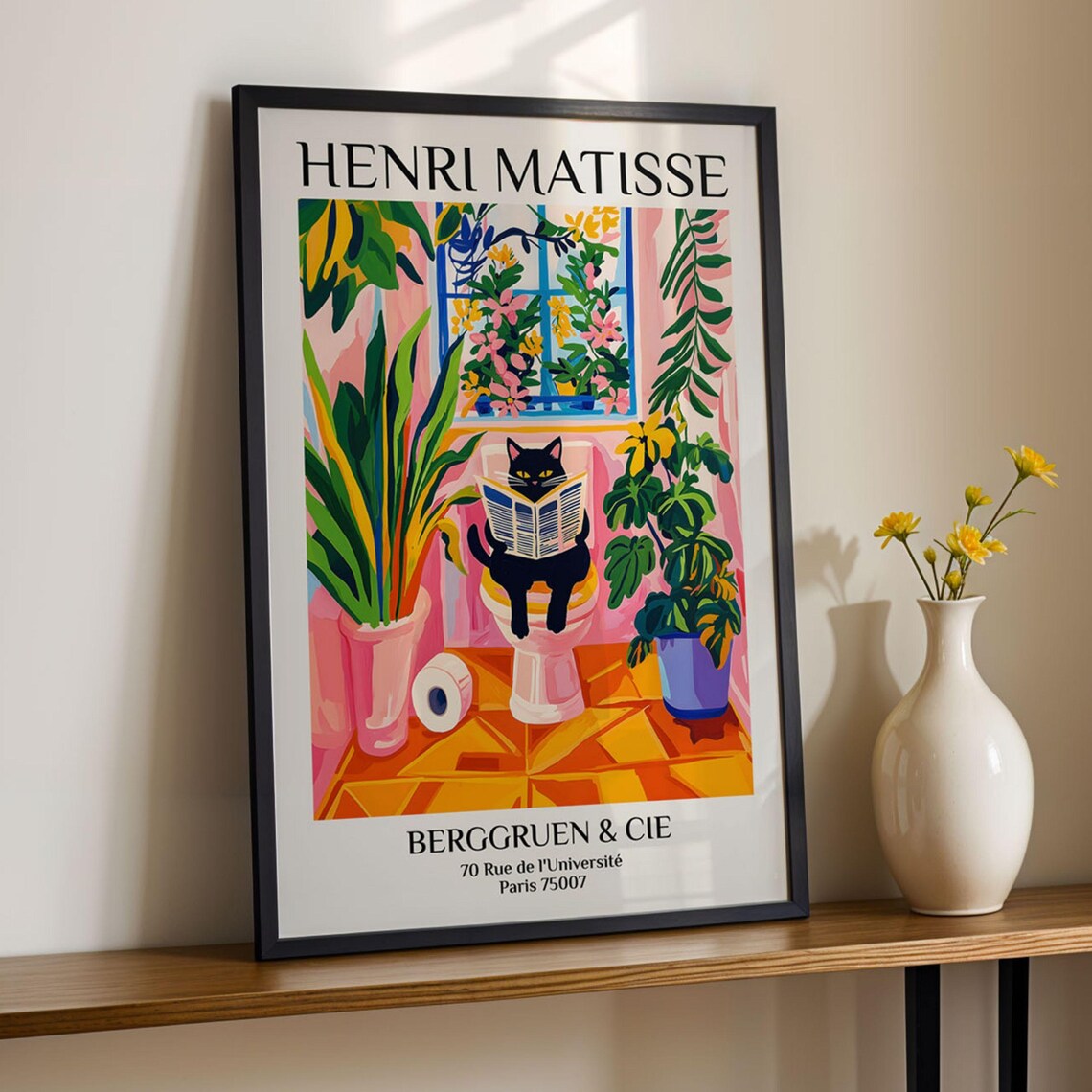Black Cat on Tet Print Poster Bathroom Wall Art Inspired Pink Dopamine ...