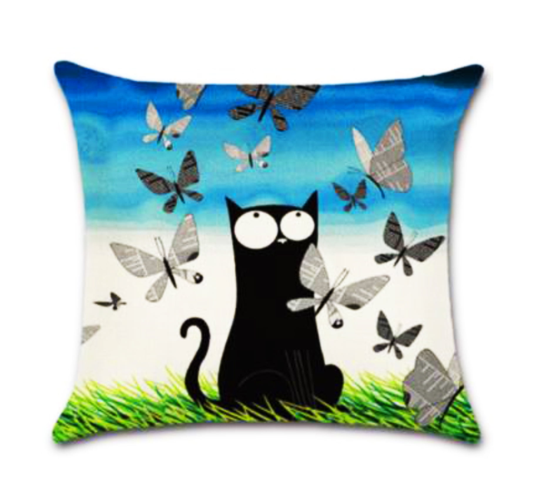Black Cat w/ Butterflies & Dazed Design Cotton Linen Fabric Decorative ...