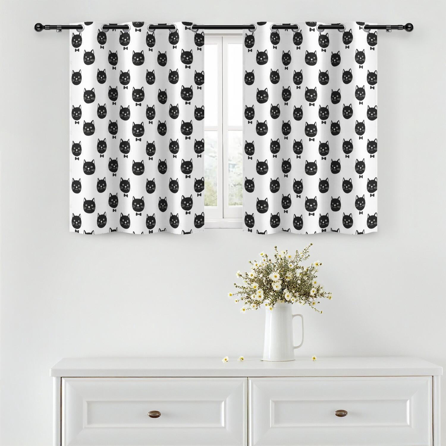 Black Cat with Bow Tie White Pattern Blackout Curtains,Triple Weaved ...