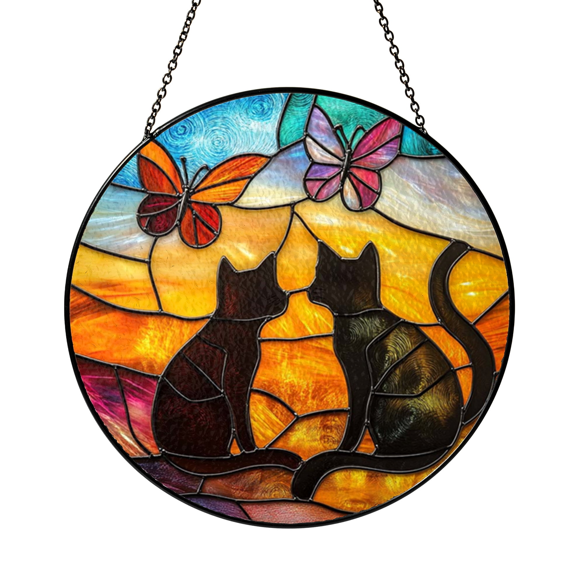 Black Cat with Butterfly Stained Glass Suncatcher Window Art, Dreamy ...