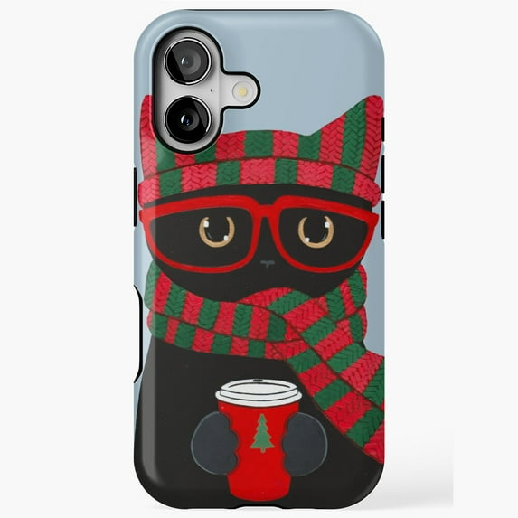 Black Cat with Coffee Cozy Winter Scene Phone Case for iPhone 17 to 11 ...