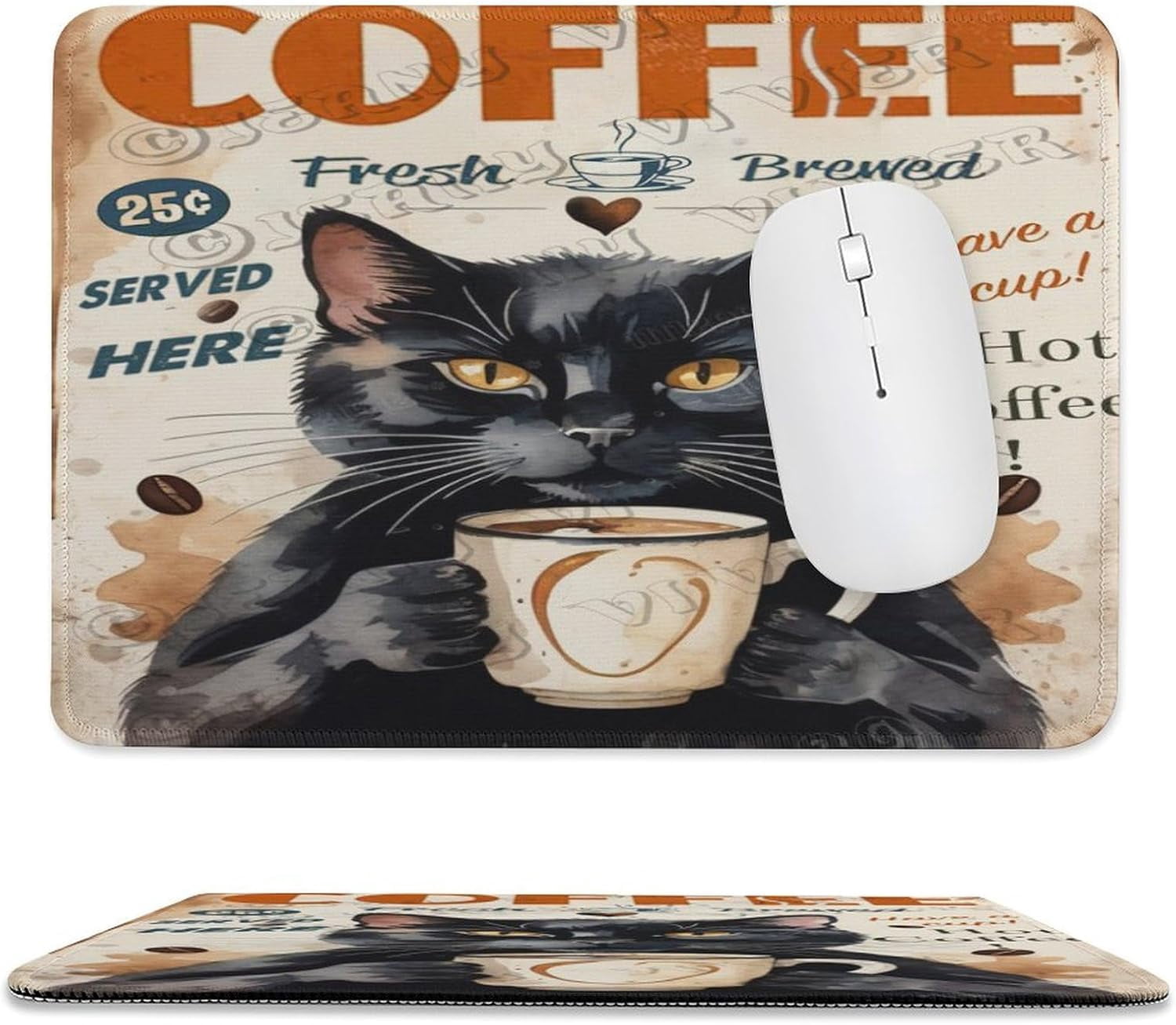 Black Cat with Coffee Print Mouse Pad with Stitched Edge,Premium ...