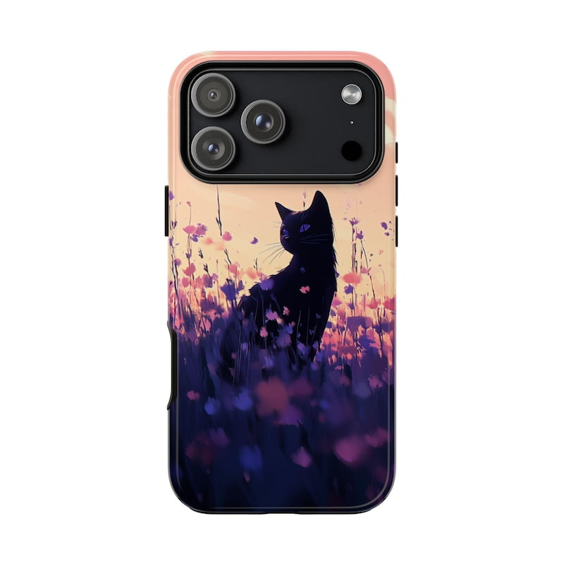 Black Cat with Dreamy Purple Wildflowers Art iPhone Case 17 16 15 14 13 ...