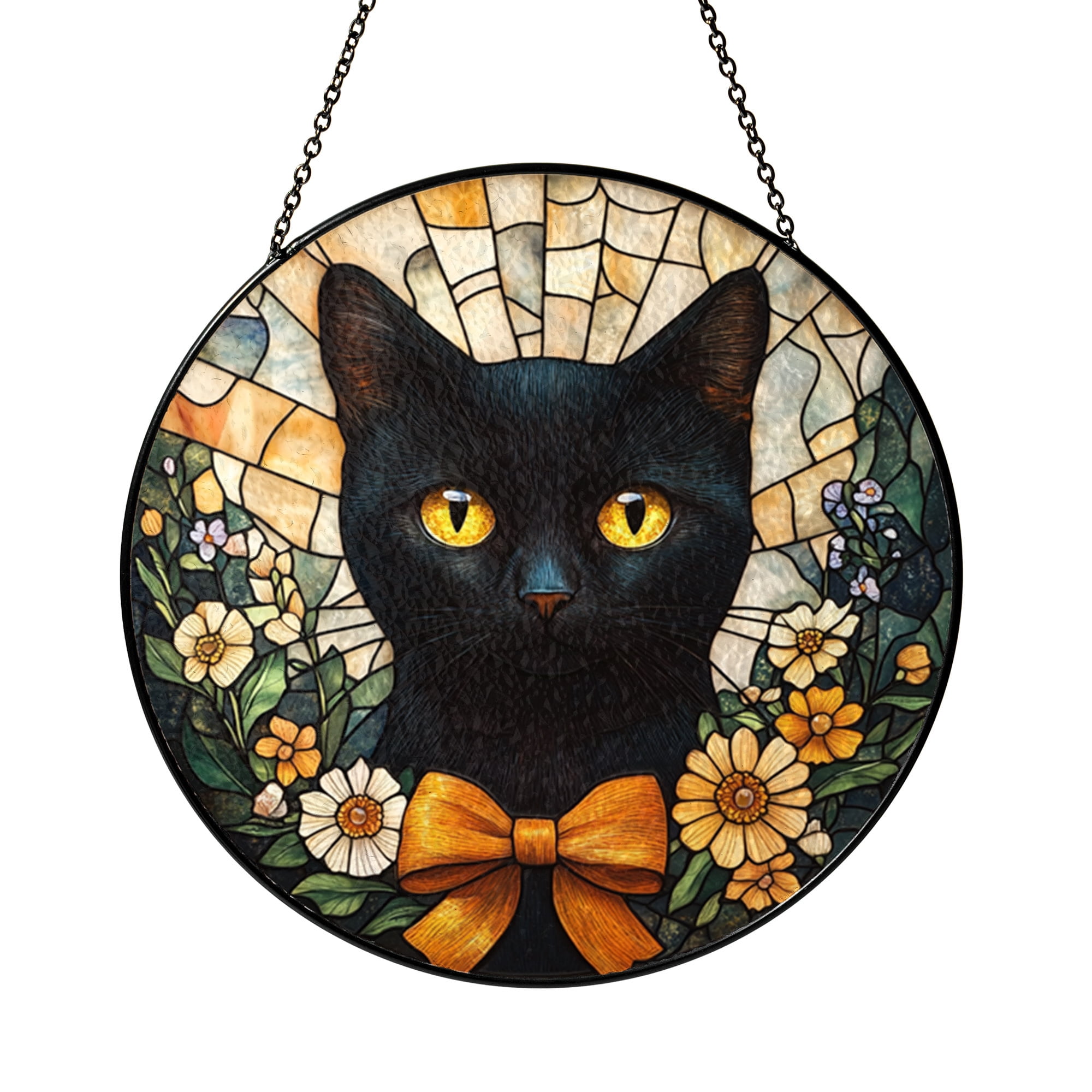 Black Cat with Floral Bonnet Stained Glass Suncatcher – Window Decor ...