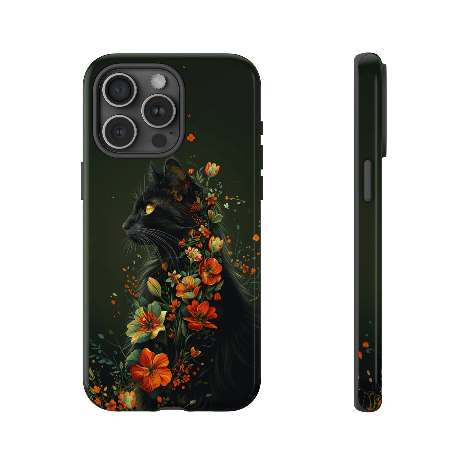 Black Cat with Flowers Artwork Phone Case 11 12 13 14 15 16 17 Pro Max ...