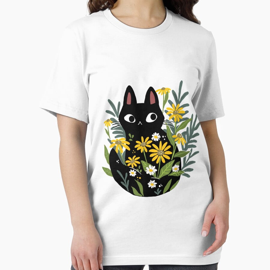 Black Cat with Flowers Pretty Botanical Frame Witchy Feline Sketch Top ...