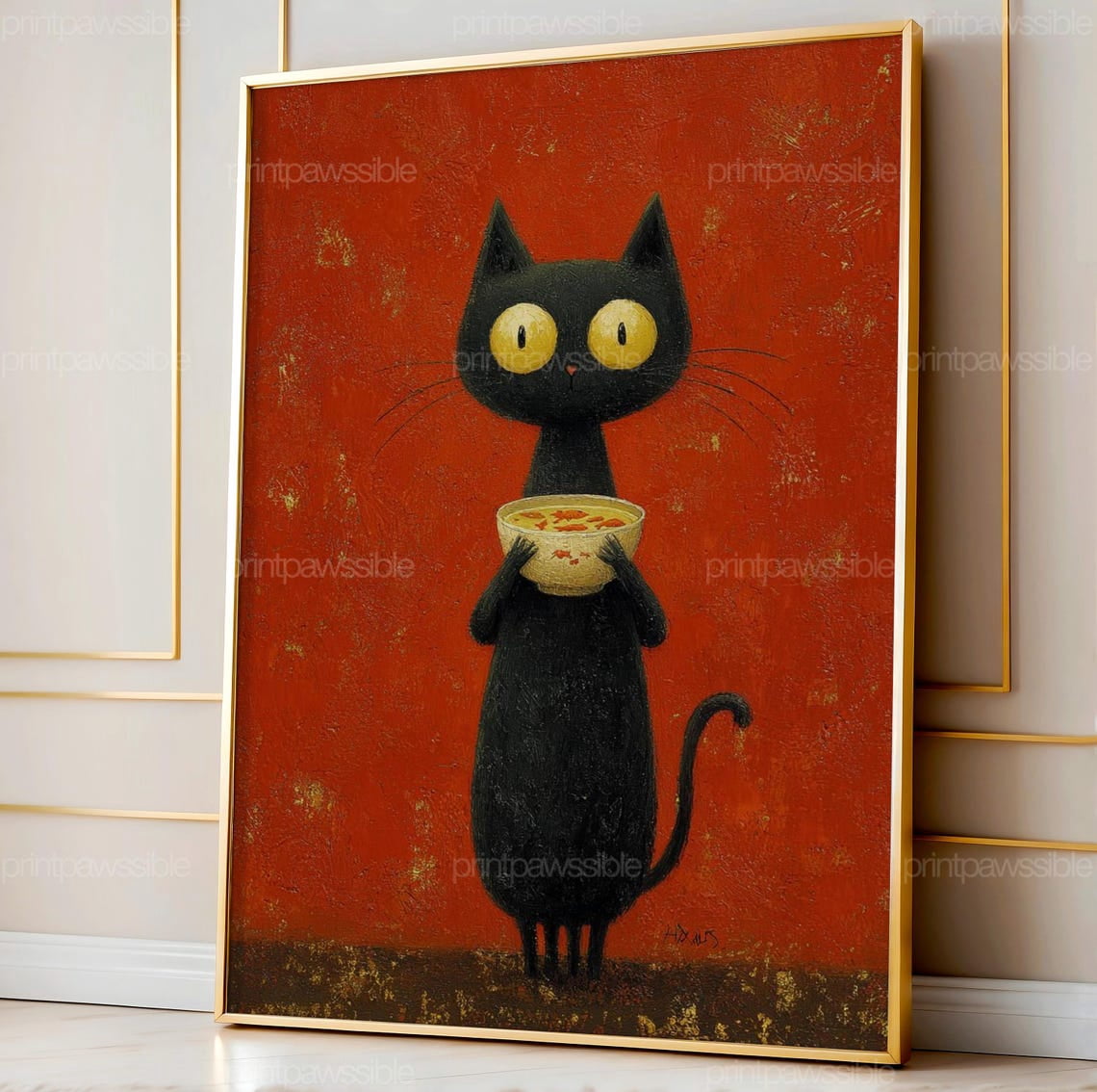 Black Cat with Goldfish Bowl Wall Art Whimsical Red Folk Print Playful ...