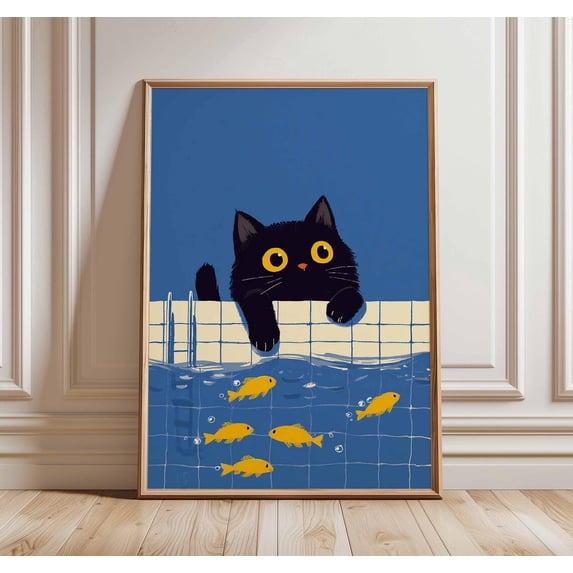 Black Cat with Goldfish Whimsical Animal Modern Contemporary Art Print ...