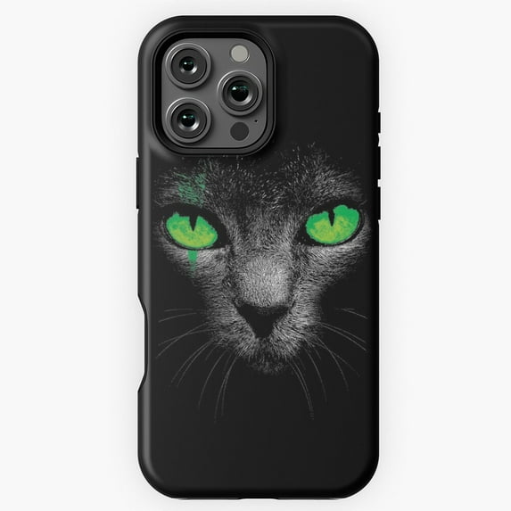 Black Cat with Green Eyes Feline Art iPhone Case 11 12 13 14 15 16 17 ...