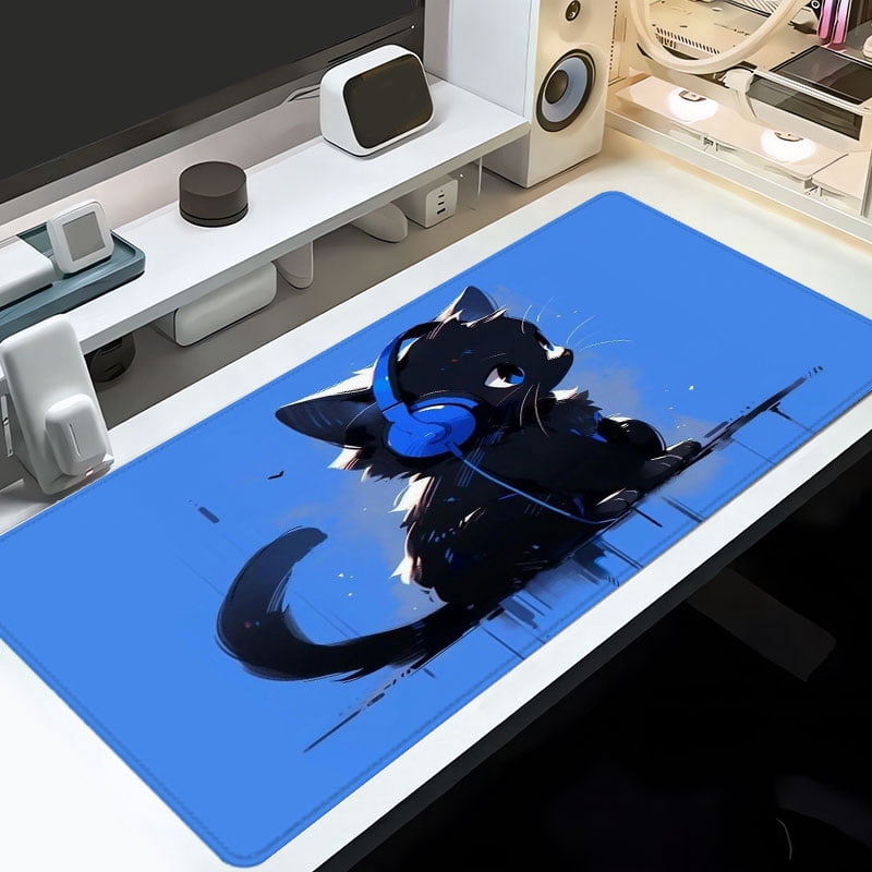 Black Cat with Headphones Mouse Pad 31.5 x 11.82 inches Rubber Desk Mat ...