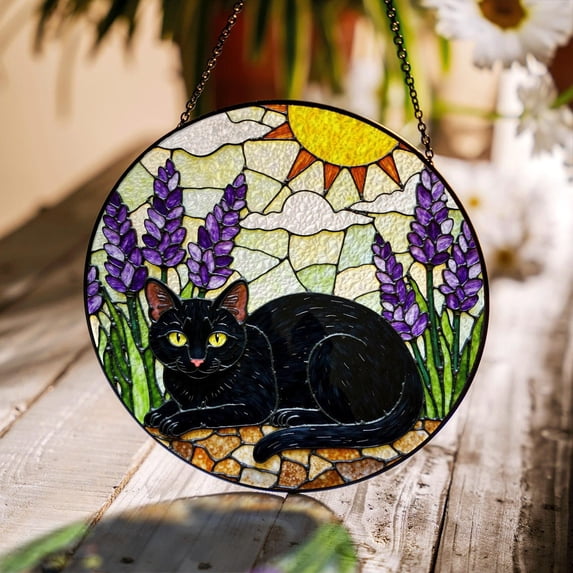 Black Cat with Lavender Glass Suncatcher, Sunshine Garden Mom, 3.5 in ...