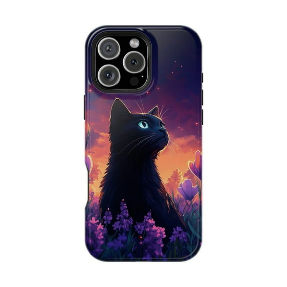 Black Cat with Lavender & Purple Tulip Flowers Case for iPhone 11,12,13 ...