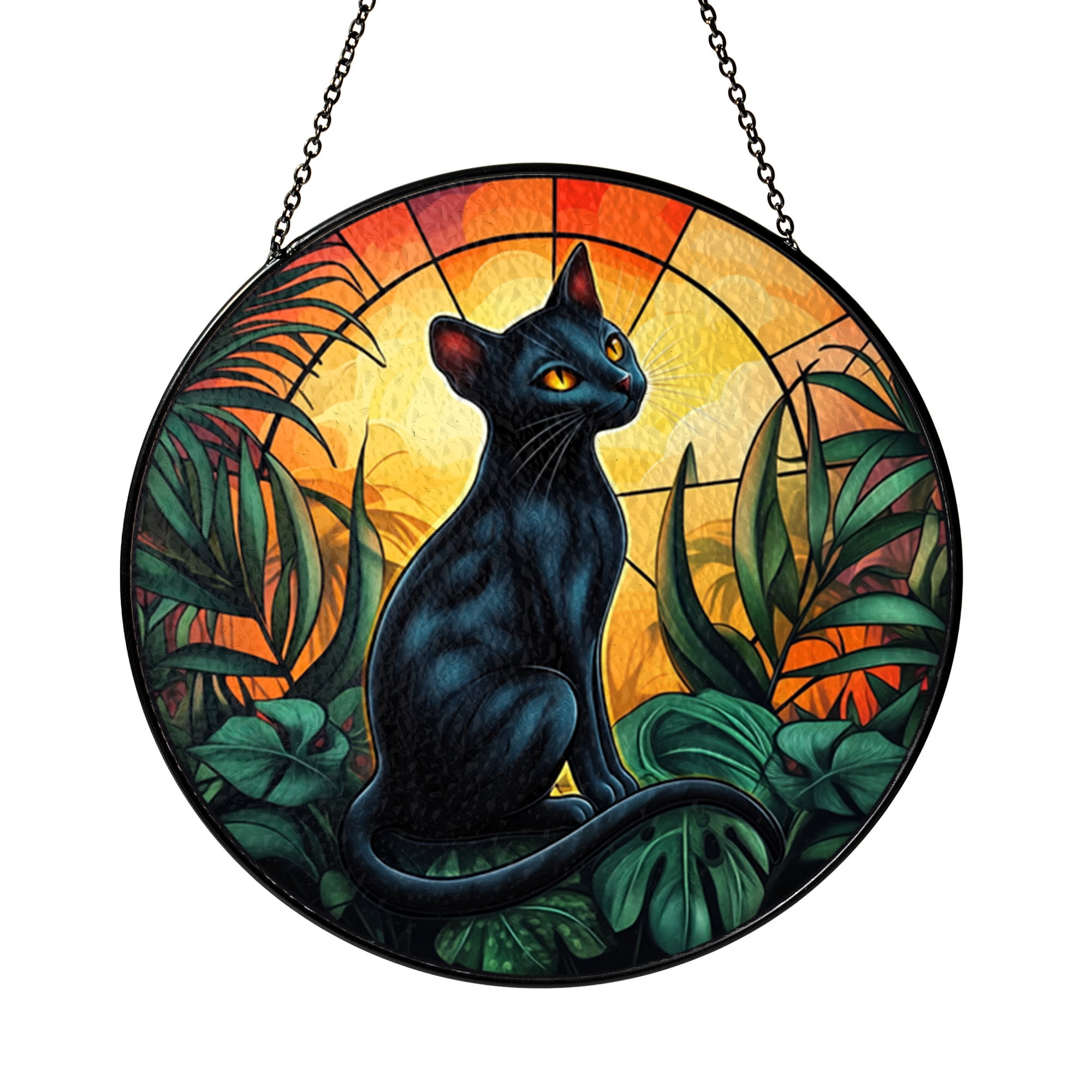 Black Cat with Monstera Leaves Stained Glass Suncatcher – Botanical ...