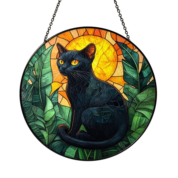 Black Cat with Monstera Stained Glass Suncatcher Window Art, Tropical ...