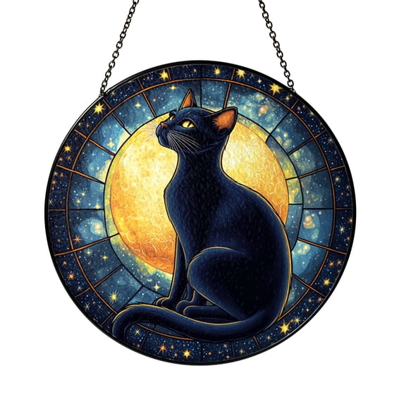 Black Cat with Moon and Stars Stained Glass Style Suncatcher Window ...