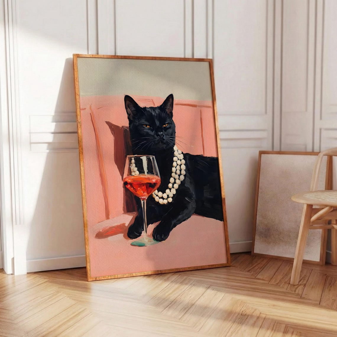 Black Cat with Pearls Pink Couch Drinking Rosé Rich Bar Cart Decor ...