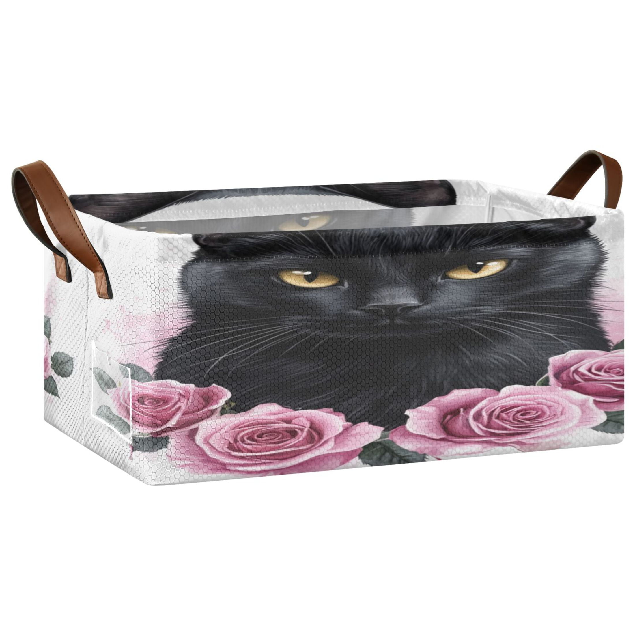 Black Cat with Pink Roses Storage Basket Soccer Plaid Fabric Hoard Box ...