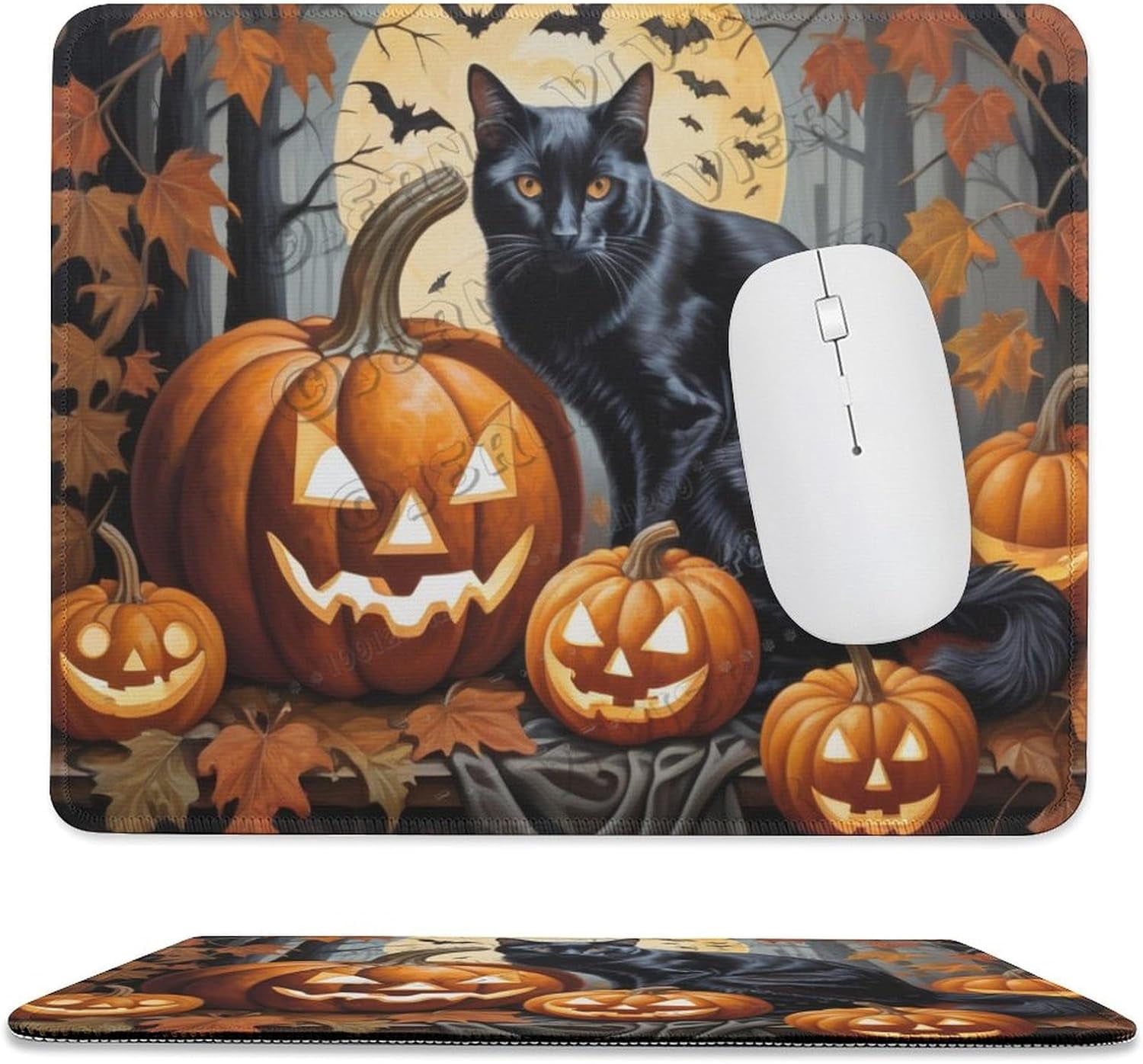 Black Cat with Pumpkin Print Mouse Pad with Stitched Edge,Premium ...