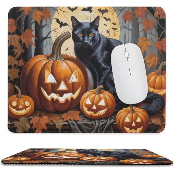 Black Cat with Pumpkin Print Mouse Pad with Stitched Edge,Premium ...