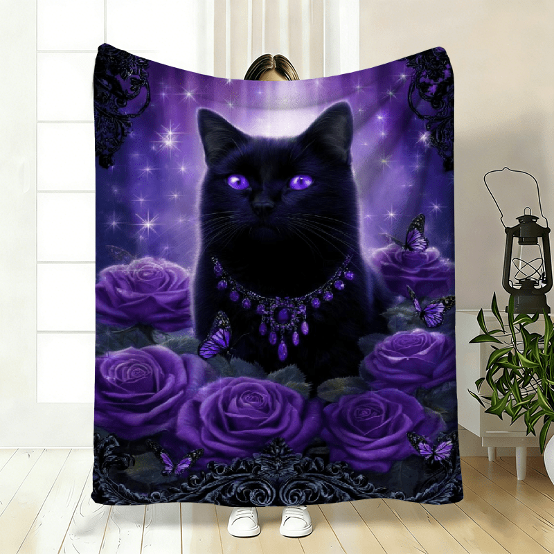 Black Cat with Purple Roses Polyester Flannel Blanket – Soft, Warm ...