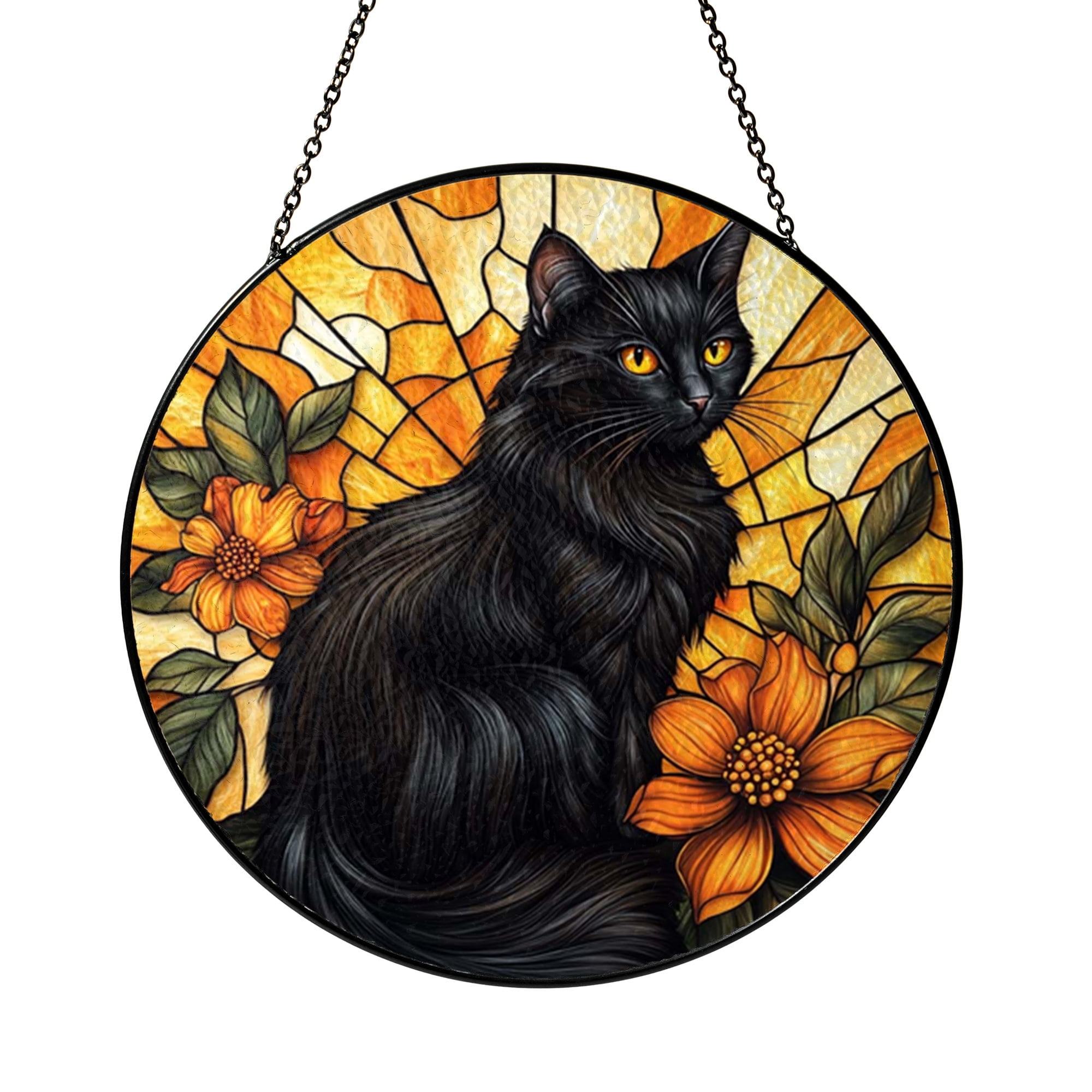Black Cat with Red Flowers Stained Glass Suncatcher – Window Decor ...
