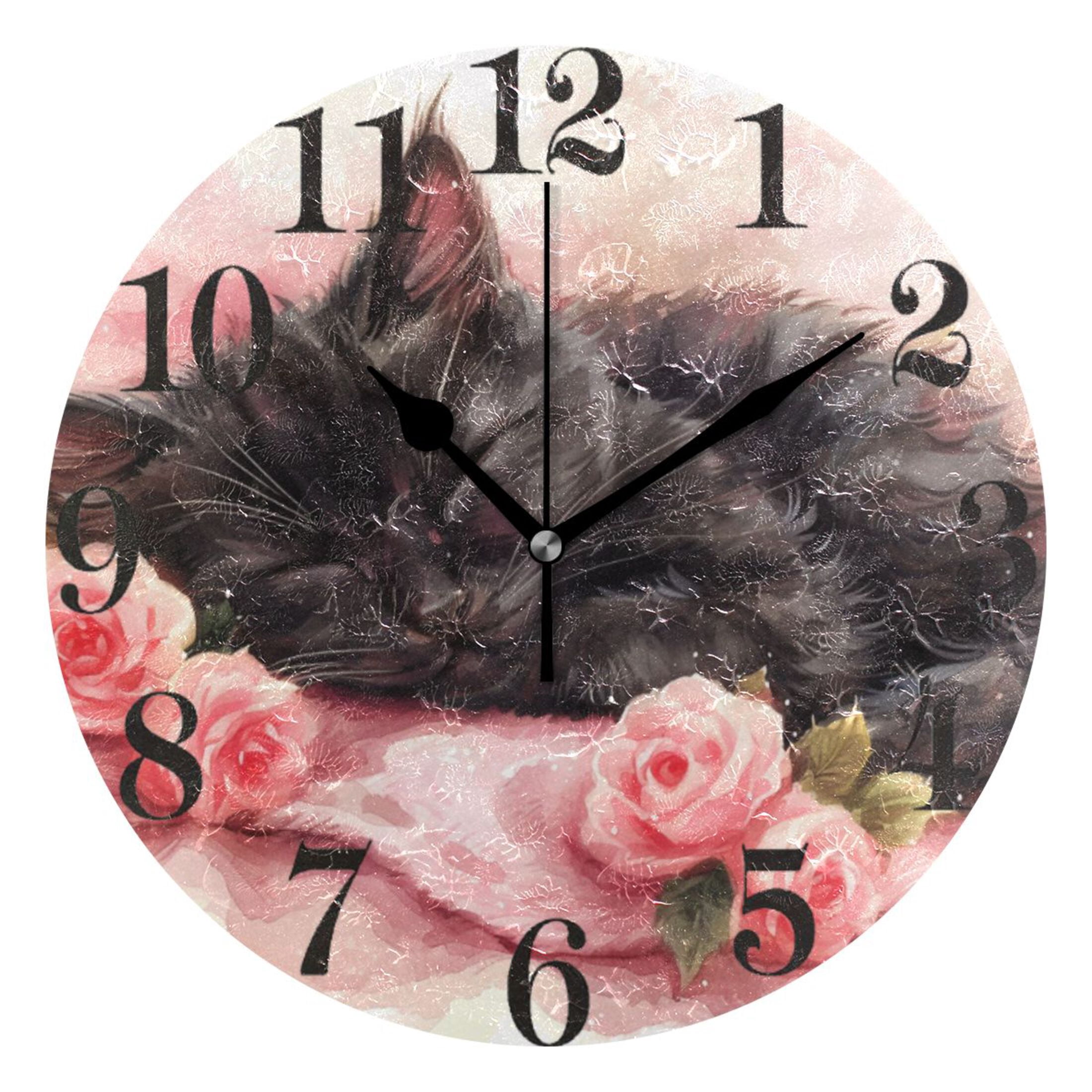Black Cat with Rose Wall Clock 9.8 inch Battery Operated Clocks Non ...