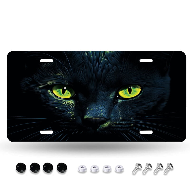 Black Cat with Striking Green Eyes License Plate Frame, Decorative ...