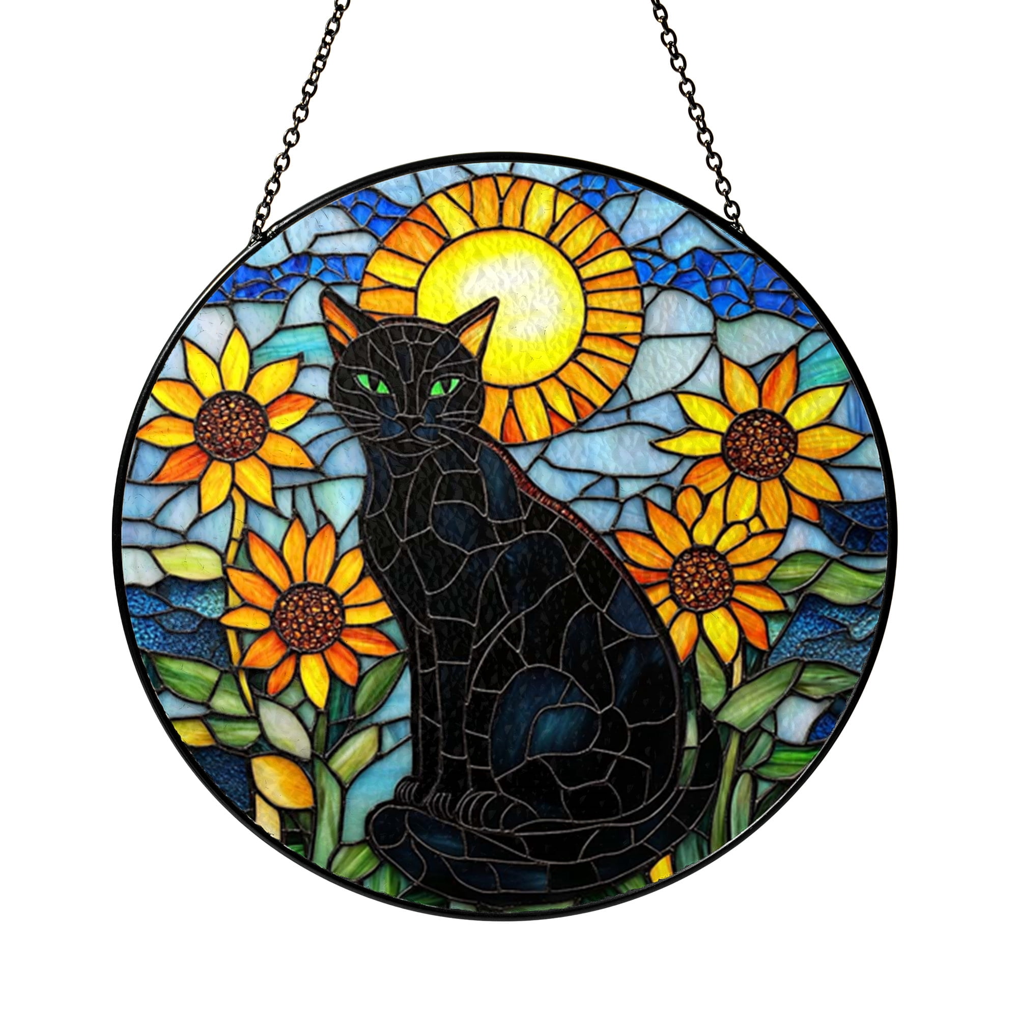 Black Cat with Sunflower Glass Suncatcher – Stained Glass Style Window ...