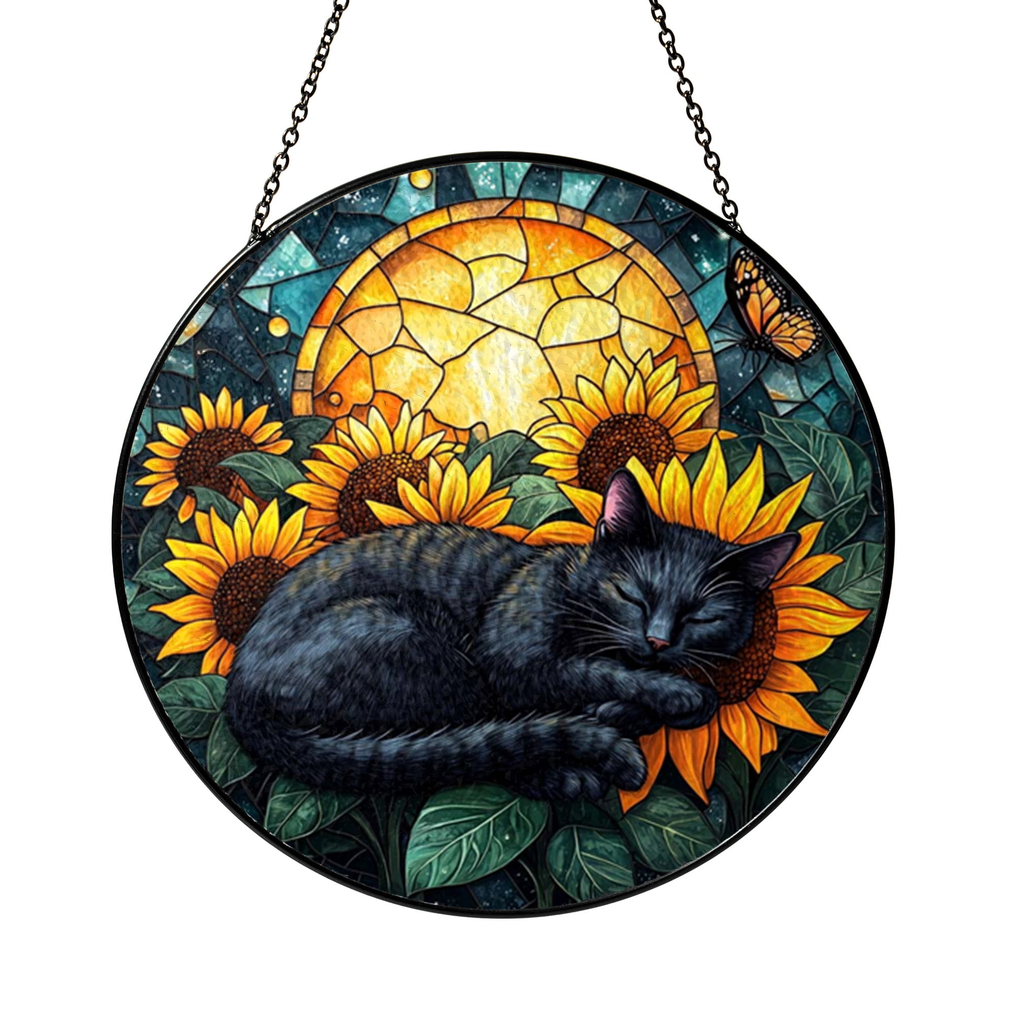 Black Cat with Sunflower Stained Glass Style Suncatcher, Floral Feline ...