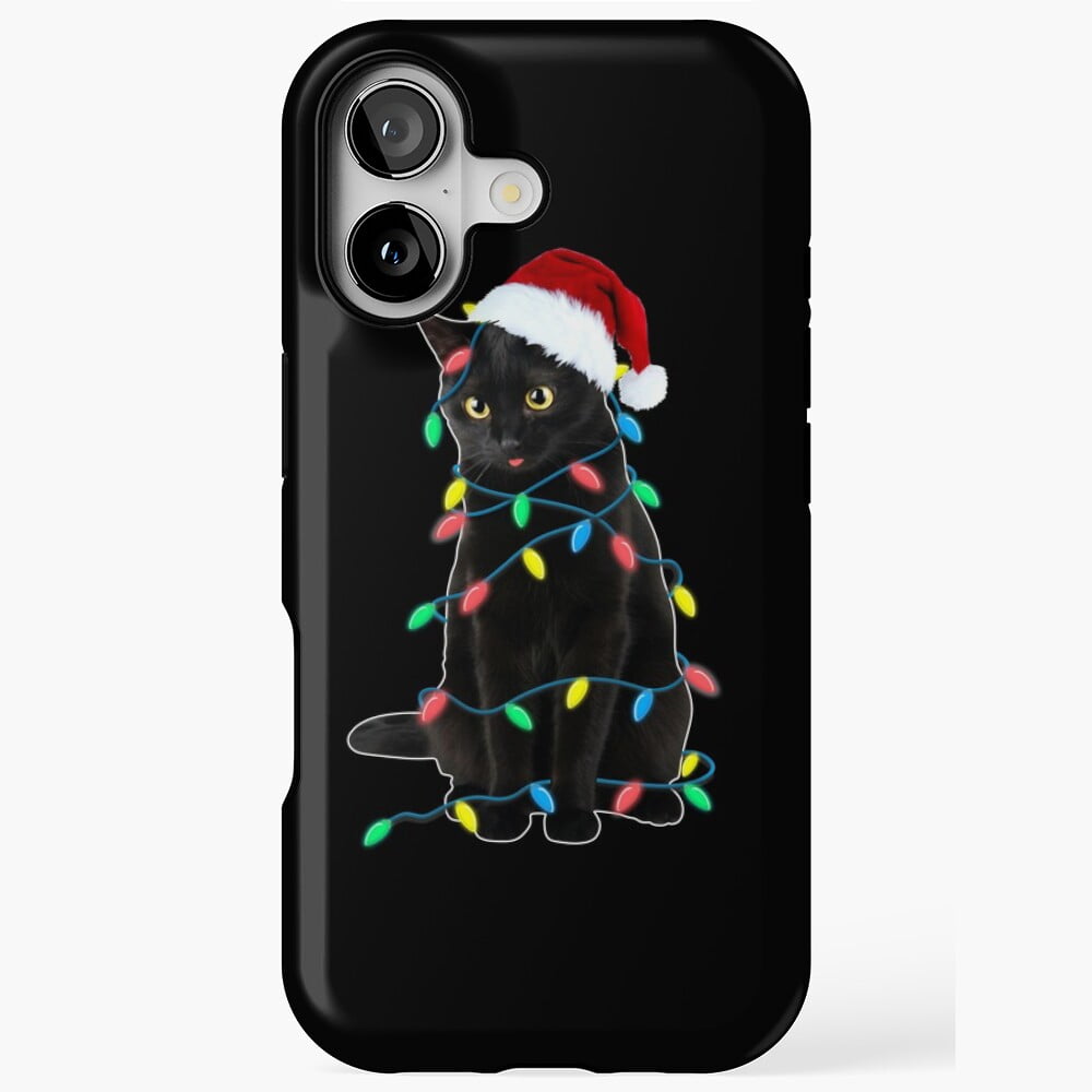 Black Cat with Tree Lights Festive Holiday Art Phone Case 17 to 11 Pro ...