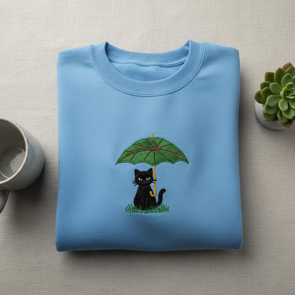 Black Cat with Umbrella Embroidered Sweatshirt, Cute Rainy Day Crewneck ...