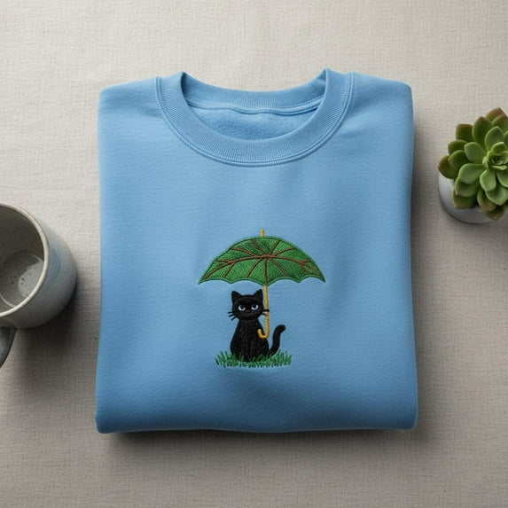 Black Cat with Umbrella Embroidered Sweatshirt, Cute Rainy Day Crewneck ...