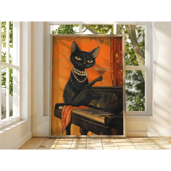 Black Cat with Wine Wall Art Poster Funny Piano Decor 16x24 UNFRAMED ...