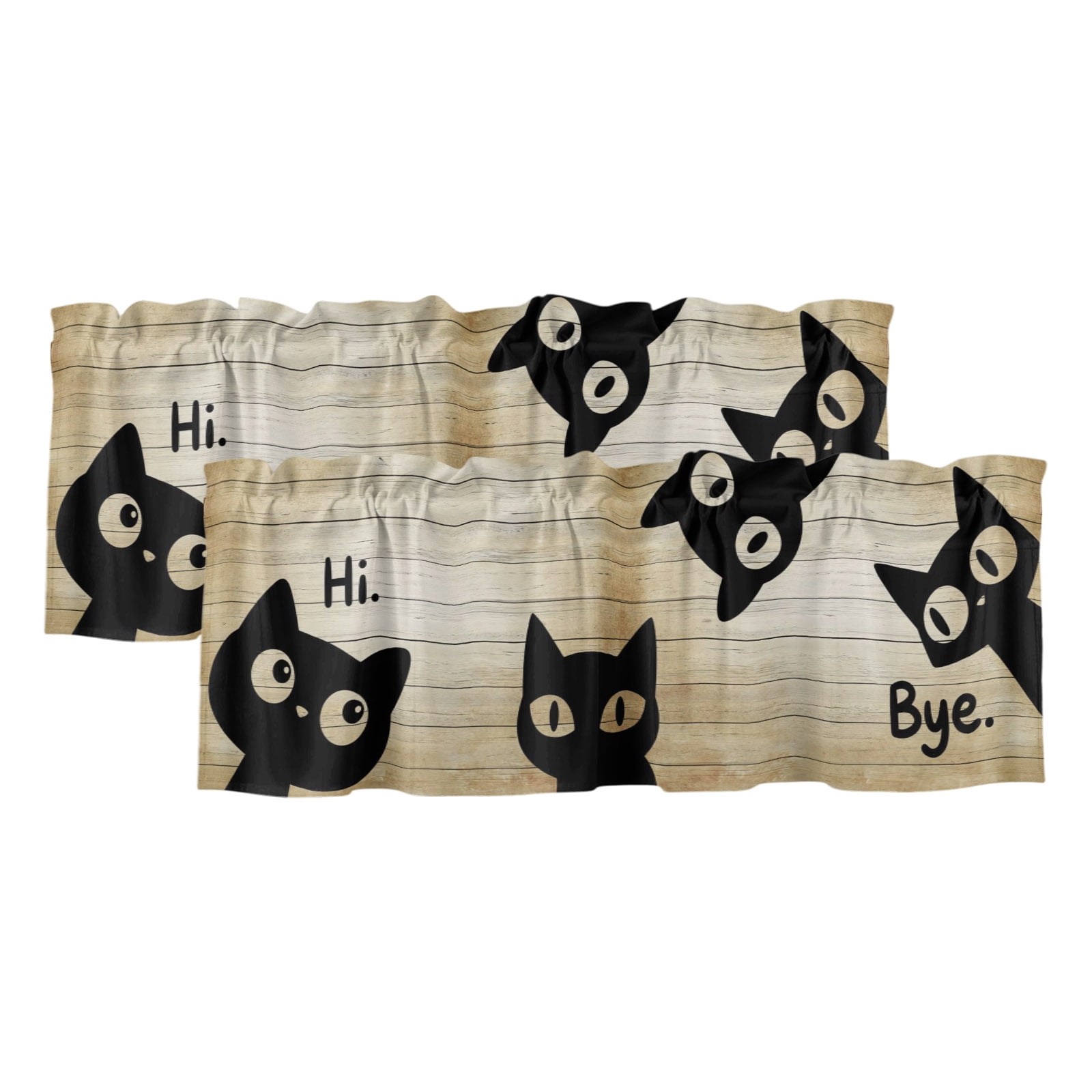 Black Cats 2 Panels Kitchen Valance, Cute Funny Cat Say Hi Bye Wood ...