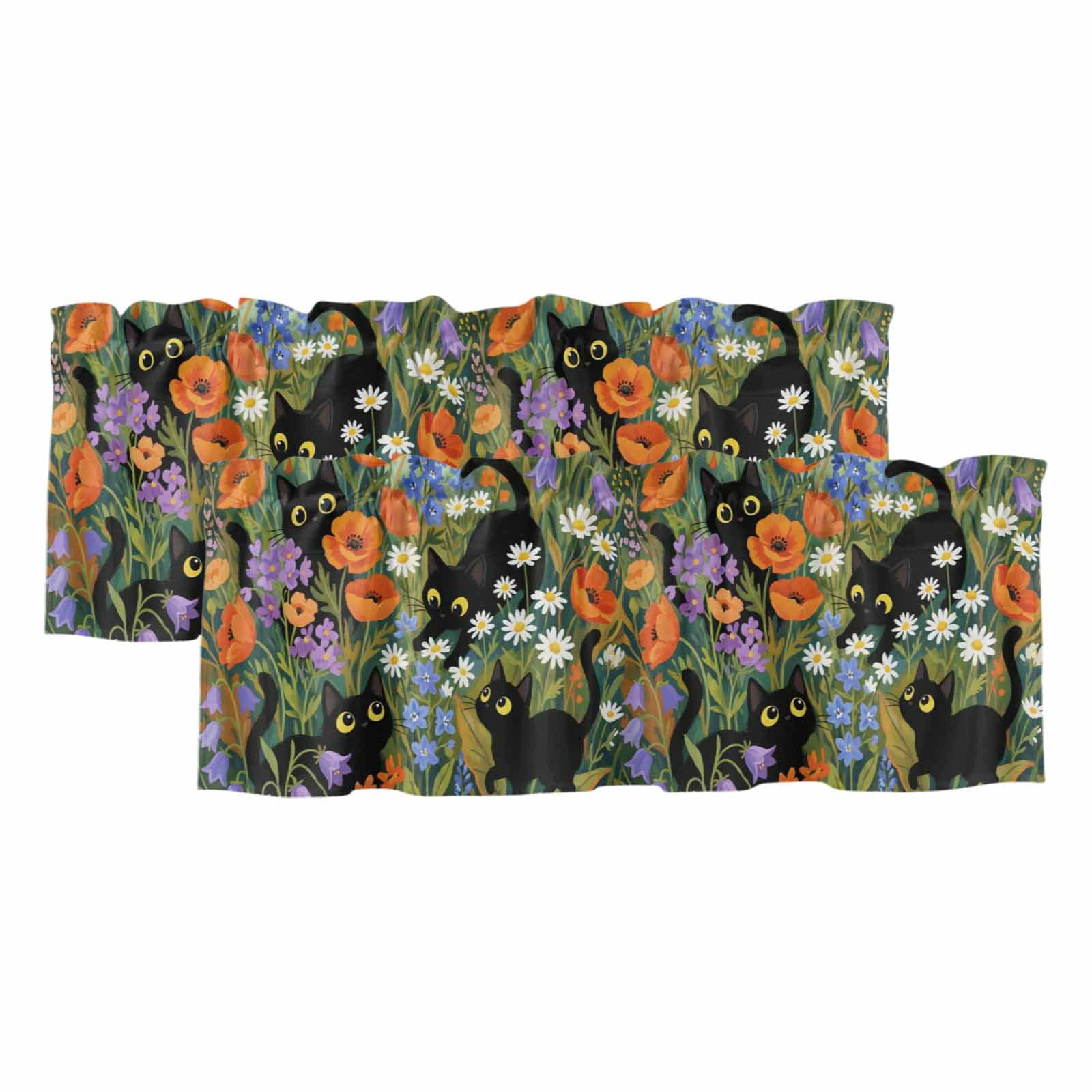 Black Cats 2 Panels Kitchen Valance, Red Purple Wildflowers Daisy ...