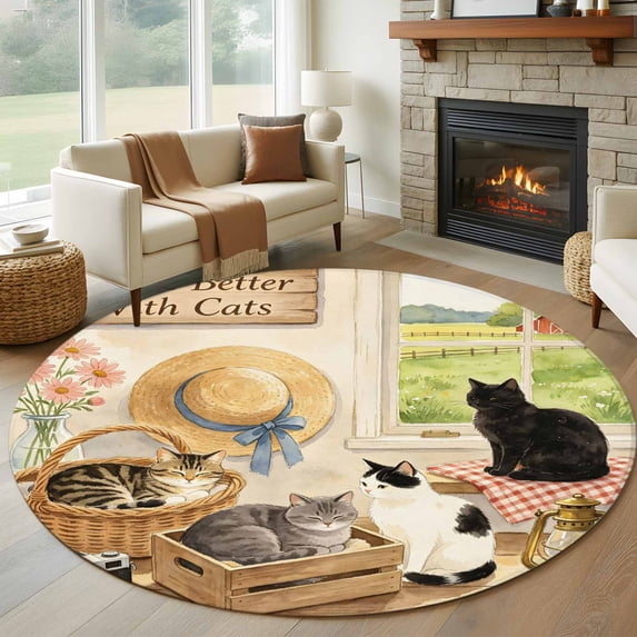 Black Cats 8FT Round Area Rugs for Living Room Rustic Basket Hat Pink ...