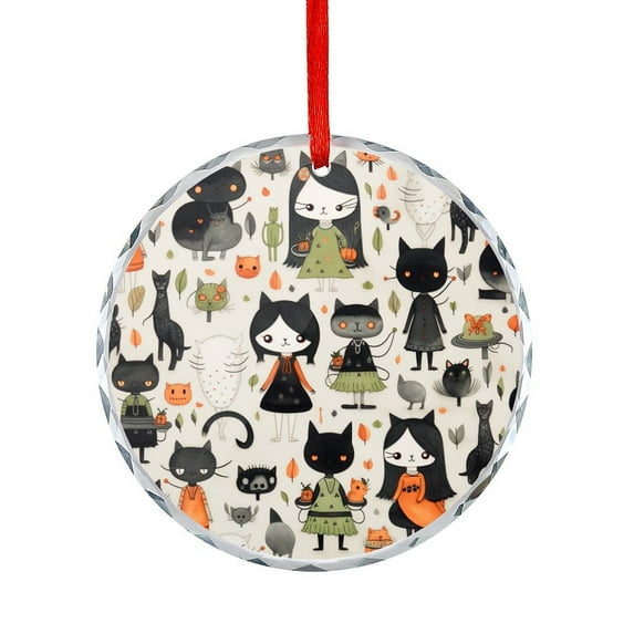Black Cats And Girl Ornament Happy Halloween Glass Round Christmas ...