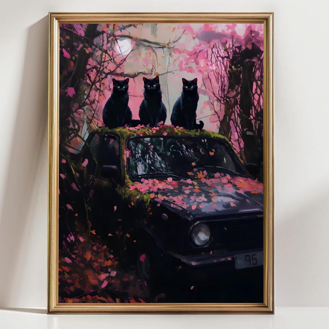 Black Cats Art Print, Witchcore Forest Car Wall Art, Pink Moon Gothic ...