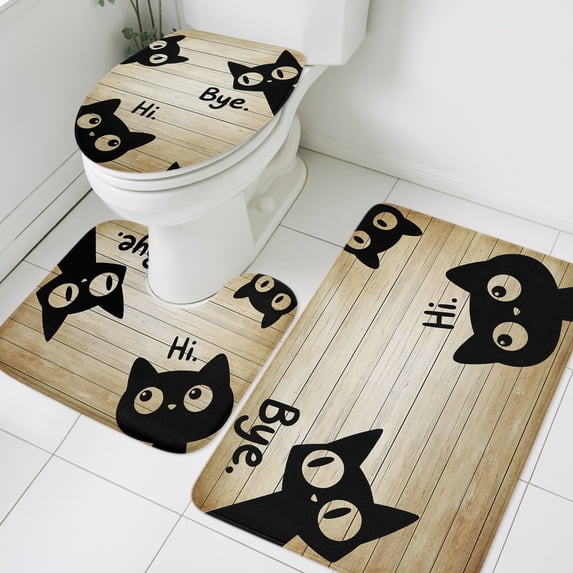 Black Cats Bathroom Rugs Set Cute Funny Cat Say Hi Bye Wood Grain Non ...