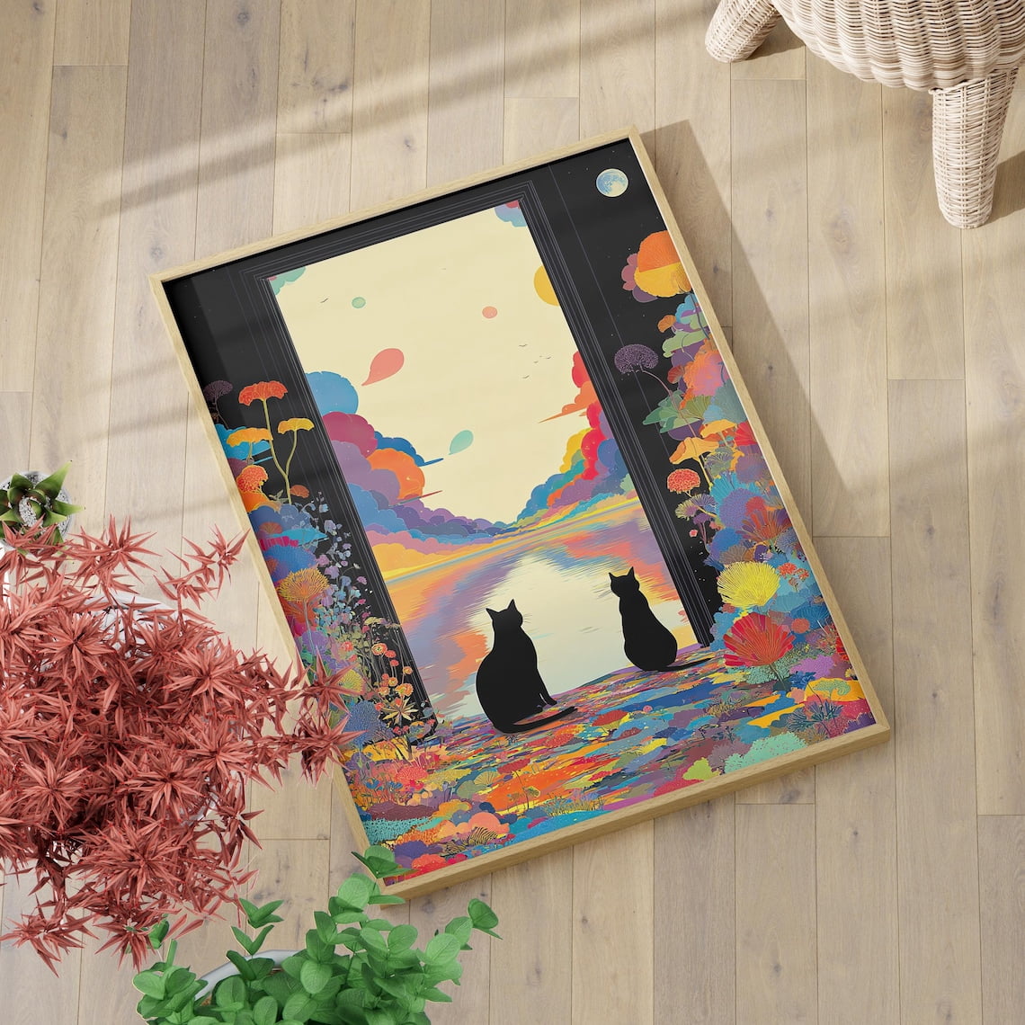 Black Cats By Window Psychedelic Art Surreal Colorful Clouds Botanical ...