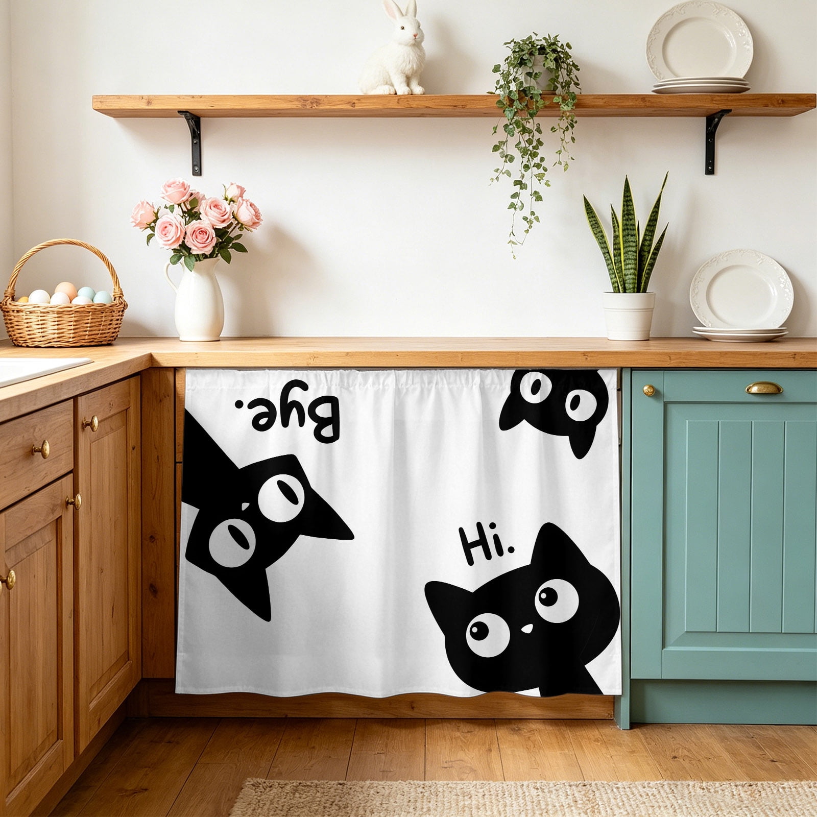 Black Cats Cabinet Curtains 28" W x 35" L, Modern Cute Funny Cat Say Hi ...