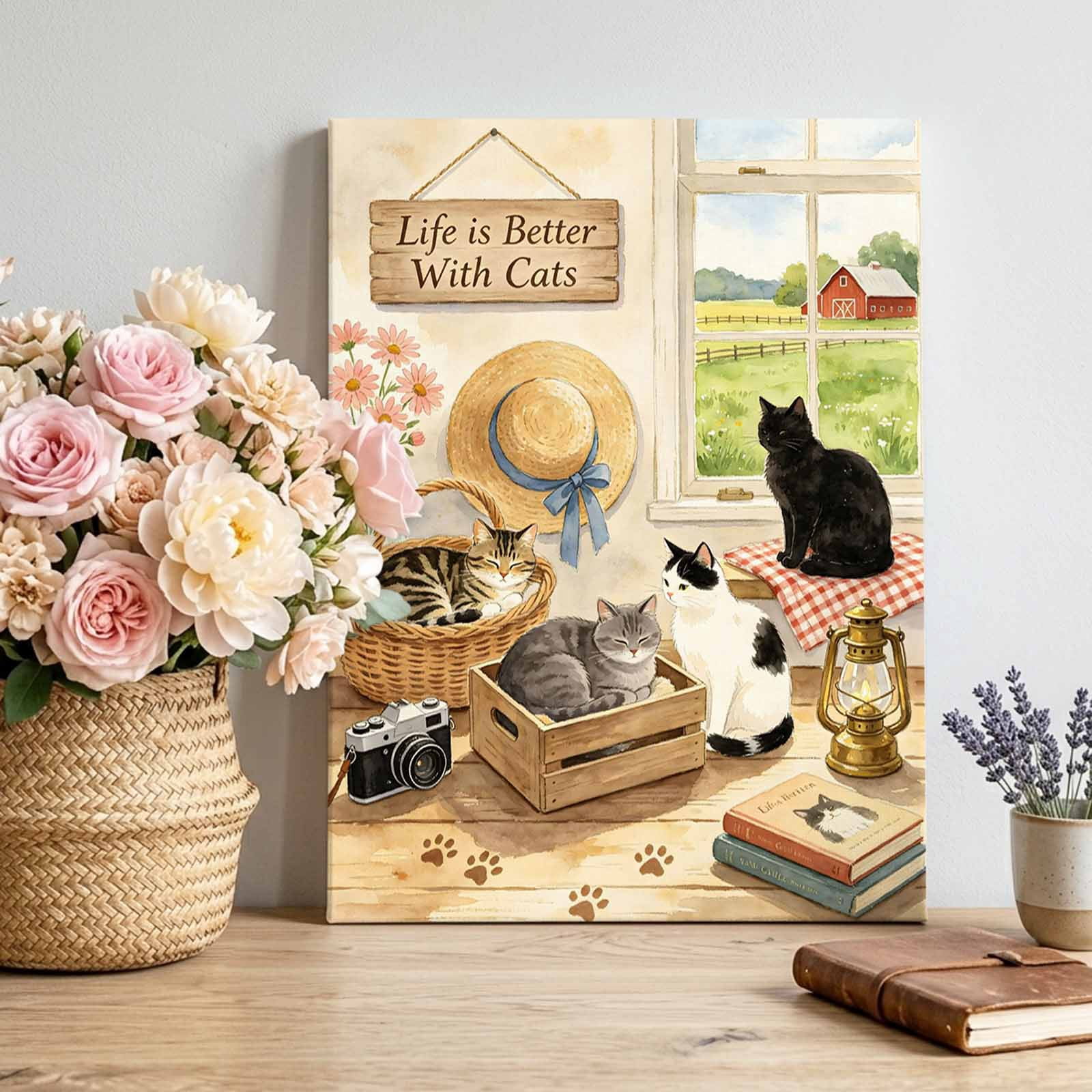 Black Cats Canvas Wall Art for Living Room, Rustic Basket Hat Pink ...
