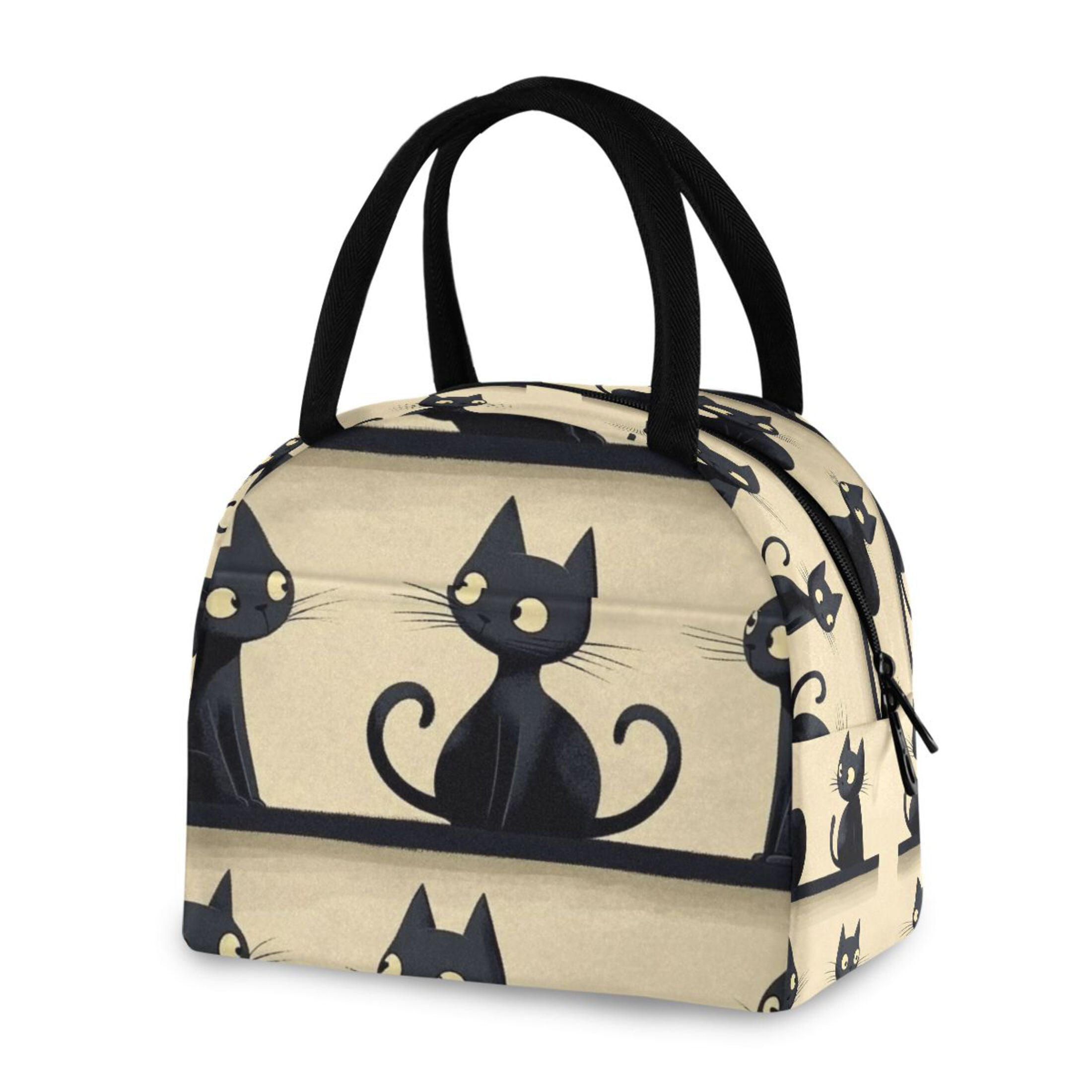Black Cats Cartoon Pattern Insulated Lunch Bag for Women Portable Lunch ...
